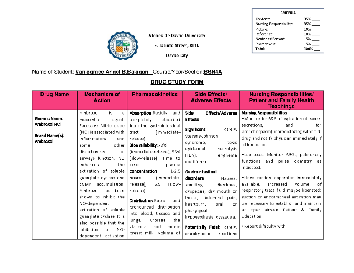 Drug study Balagon - none - CRITERIA Content: 3 5% ____ Nursing ...