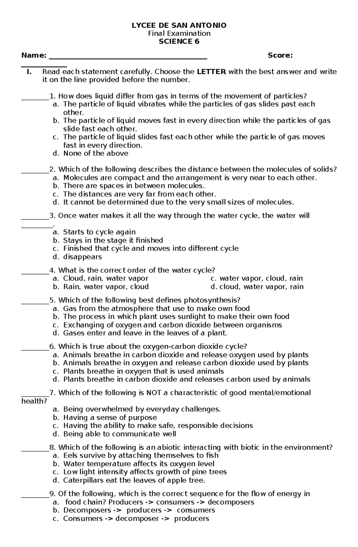 Science 6 ( Final exam) - Sample exams - LYCEE DE SAN ANTONIO Final ...