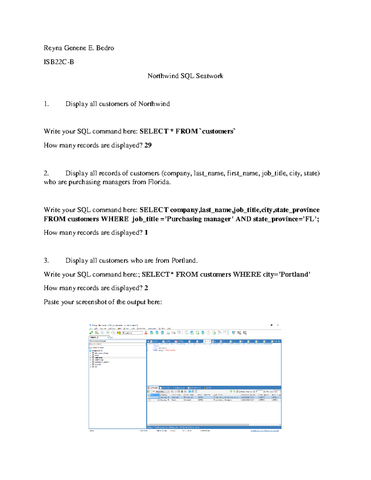 Northwind SQL Seatwork Information System - Reyna Genene E. Bedro ...