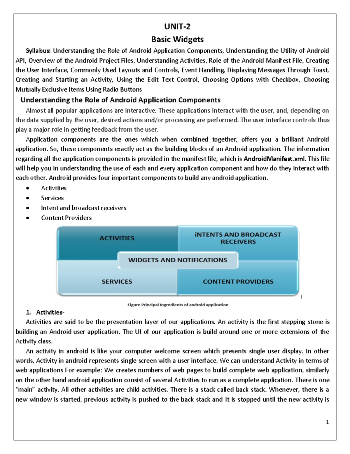 MAD notes unit 2 - development of android - UNIT- Basic Widgets ...