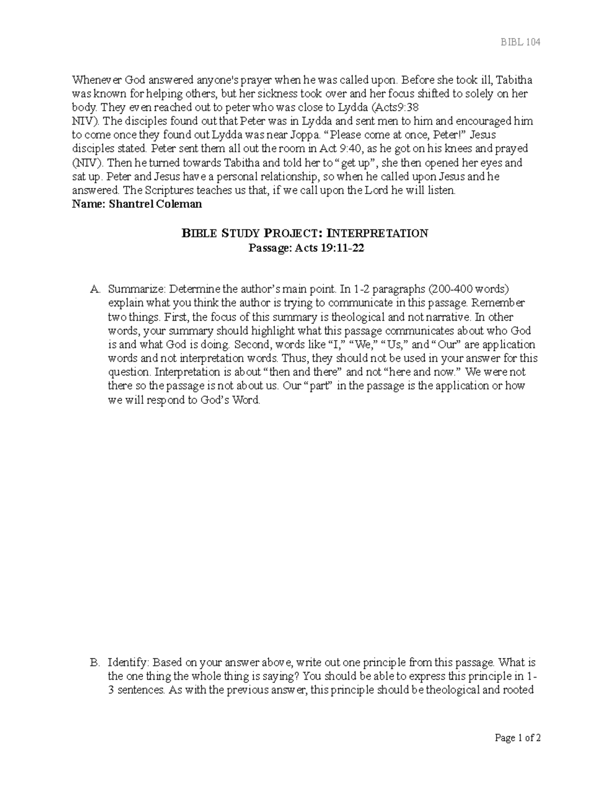 Bible Study Project Interpretation - BIBL 104 Name: Shantrel Coleman ...