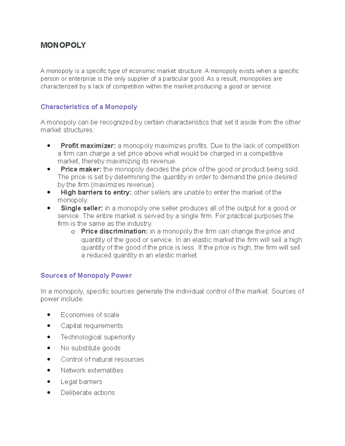 Man Econ ( Monopoly Notes) - MONOPOLY A monopoly is a specific type of ...