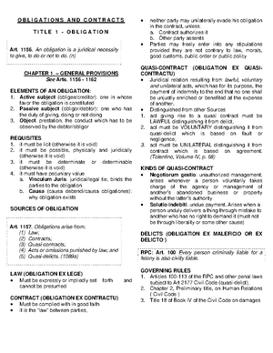Obli - De leon - Obligation and Contract by De Leon - 1 1 TITLE I OBLIGATIONS (Arts. 1156-1304 ...