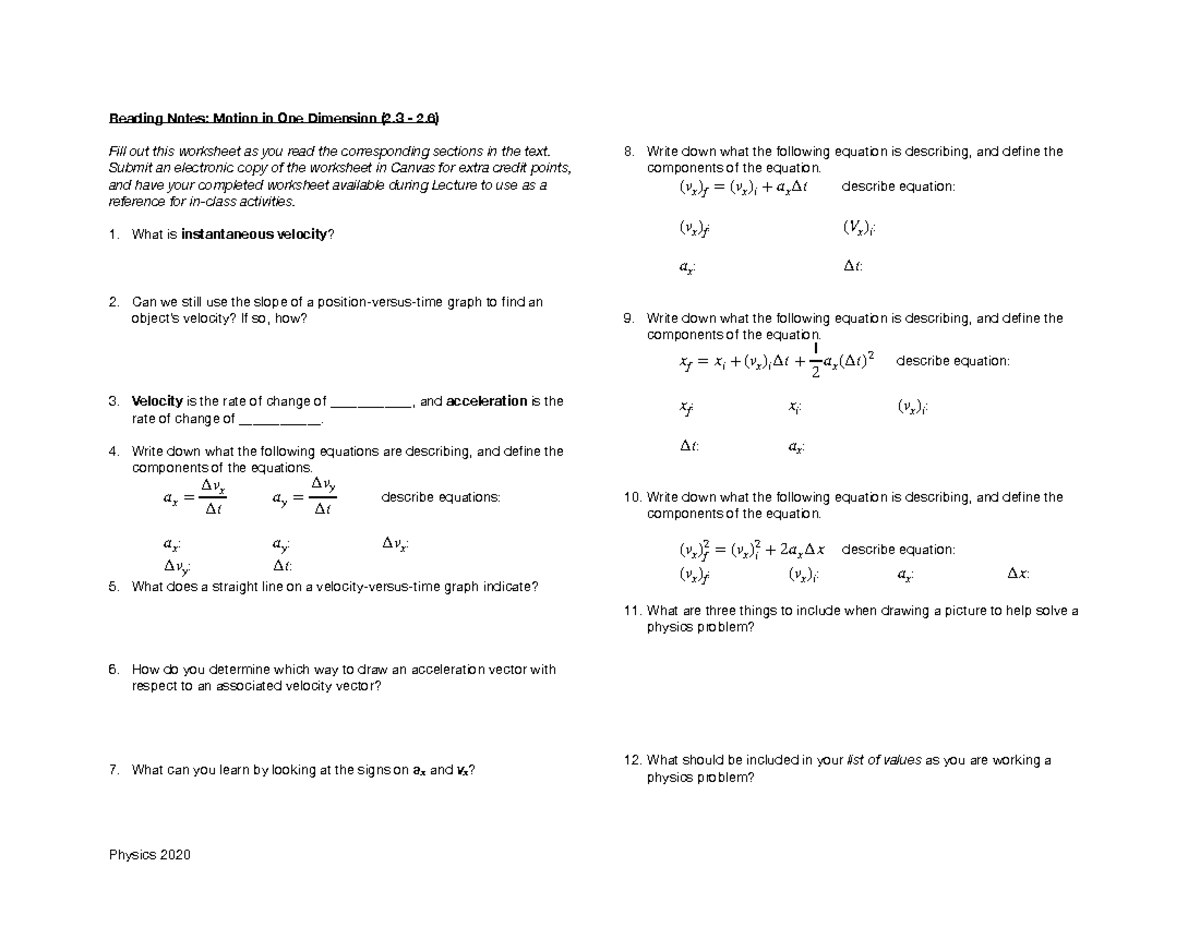 Reading notes 2 - Motions in One Dimension - Reading Notes: Motion in ...