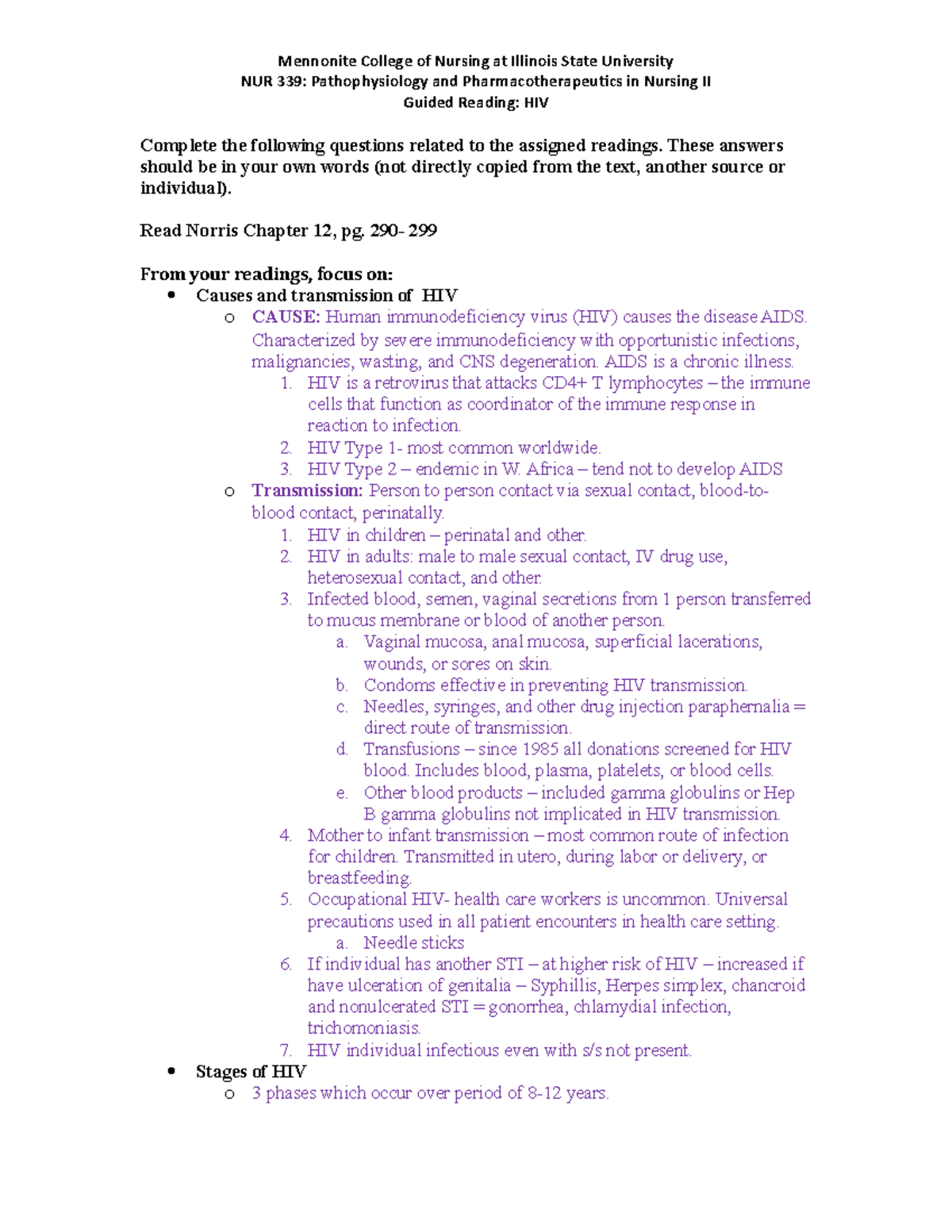 M White NUR339+Guided+Reading+Assignment+HIV+F21 - Mennonite College of ...