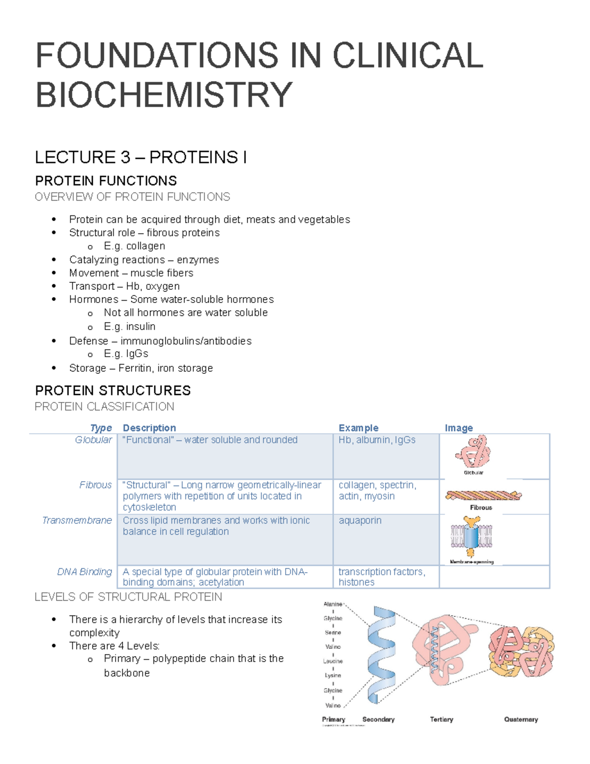 FCB Lecture 3 notes - FOUNDATIONS IN CLINICAL BIOCHEMISTRY LECTURE 3 ...