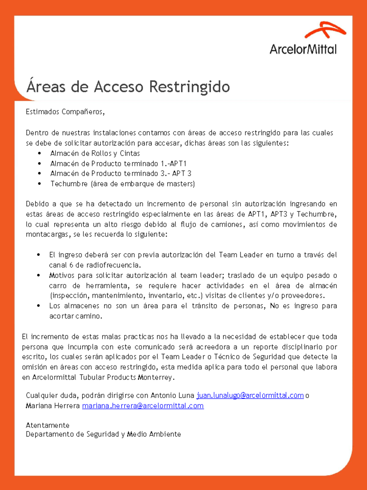 Comunicado Areas de Acceso Restrigido - Áreas de Acceso Restringido ...