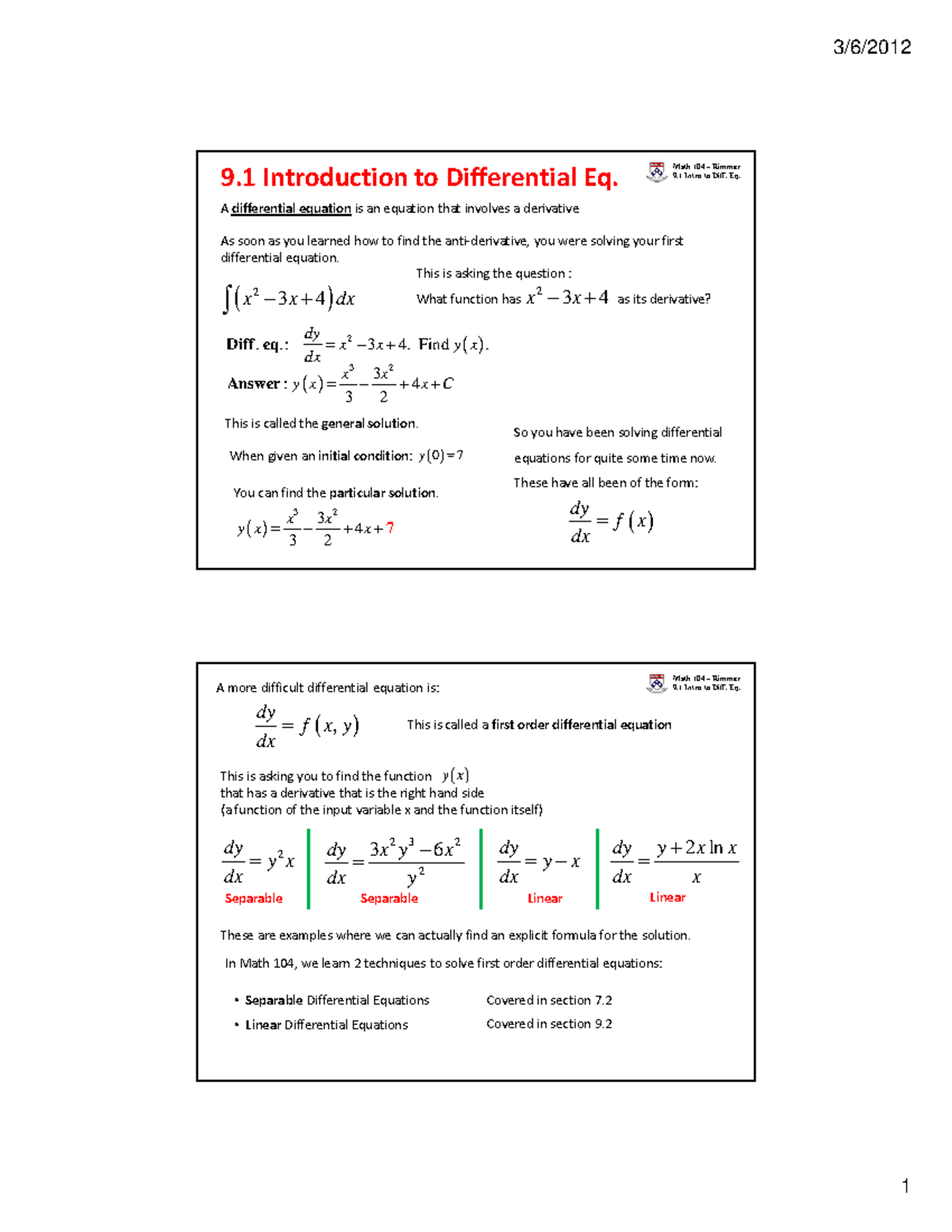 Lecture notes Chapter 9 - 10 - Math 104 – Rimmer 9 Intro to Diff. Eq. 9 ...