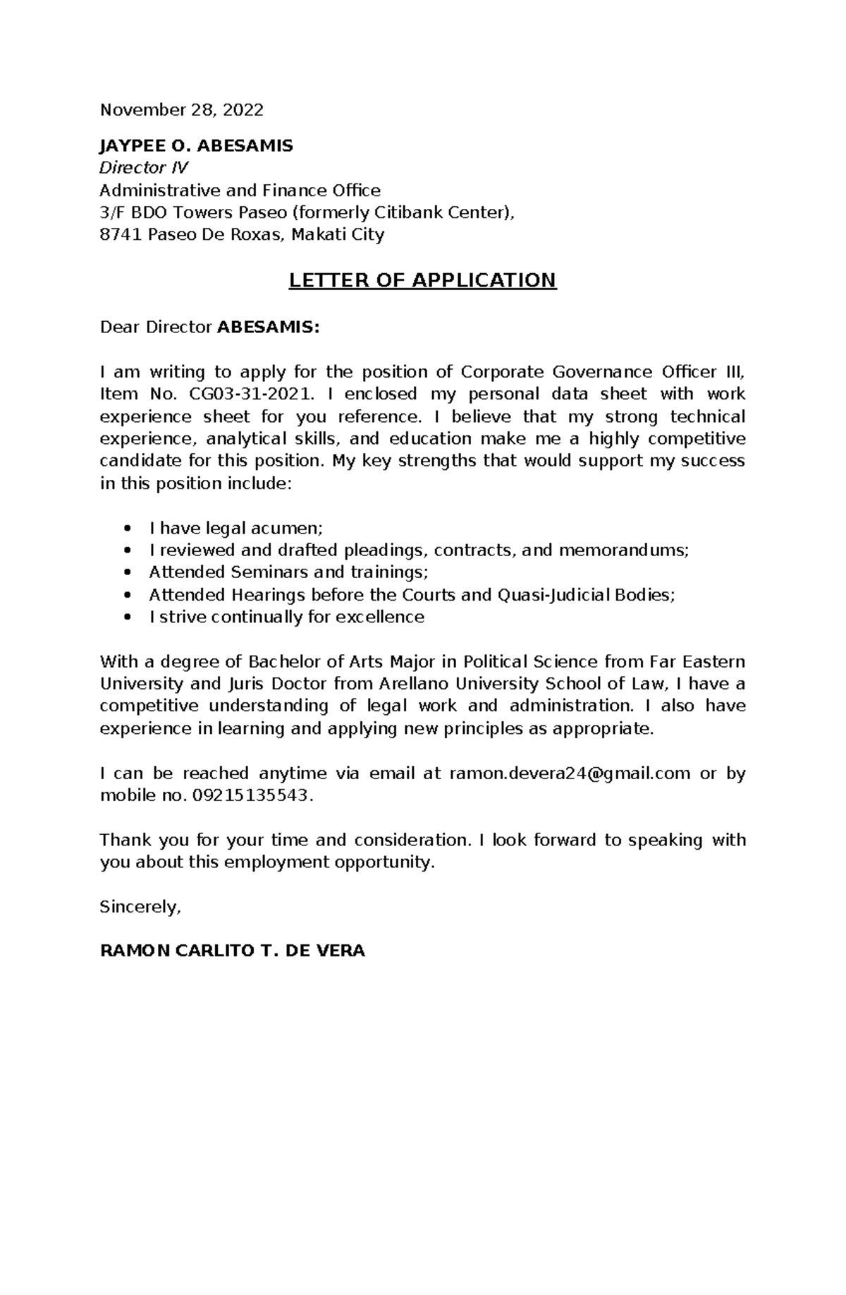 Application Letter - November 28, 2022 JAYPEE O. ABESAMIS Director IV ...