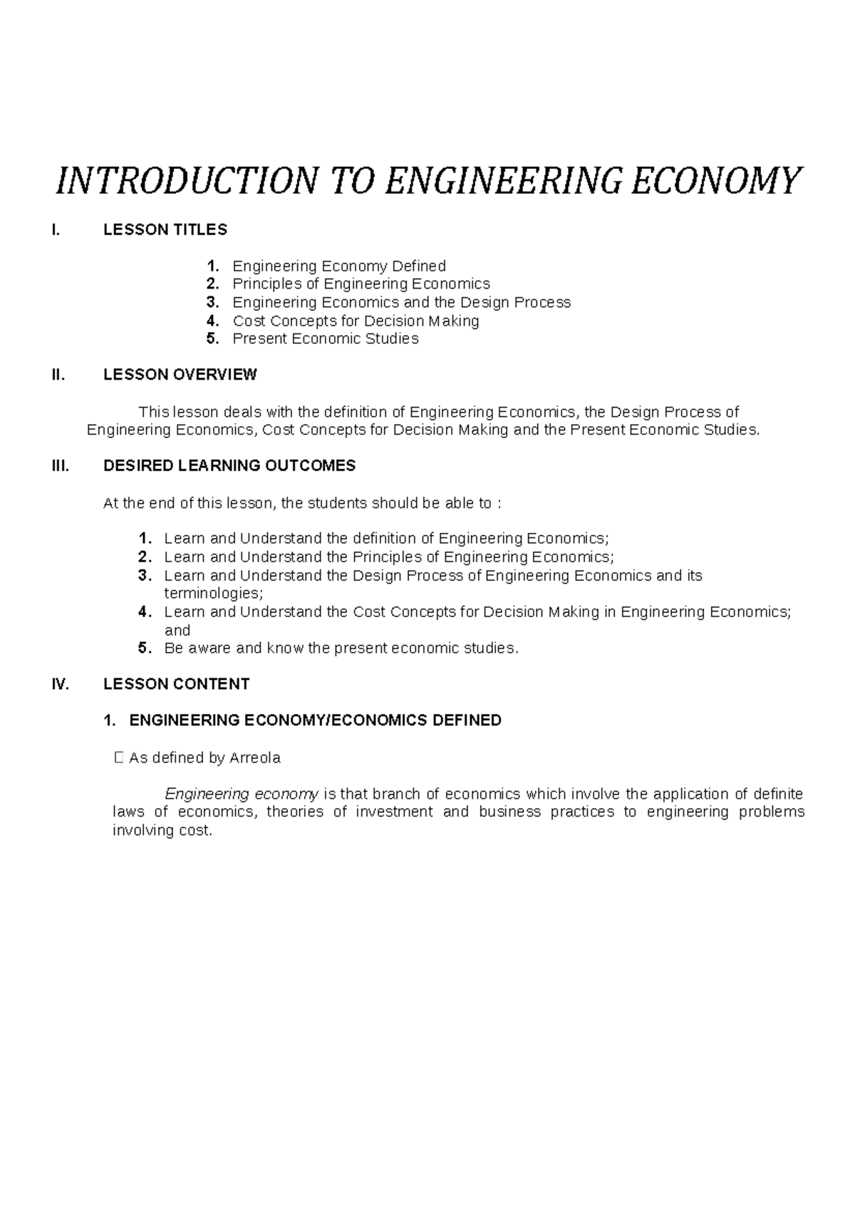 Module 1- Introduction TO Engineering Economy - INTRODUCTION TO ENGINEERING ECONOMY I. LESSON ...