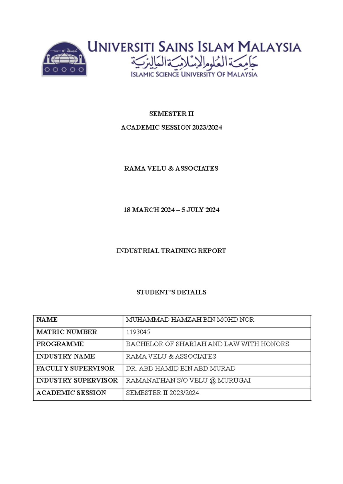 Final Report Internship H - SEMESTER II ACADEMIC SESSION 2023/ RAMA ...
