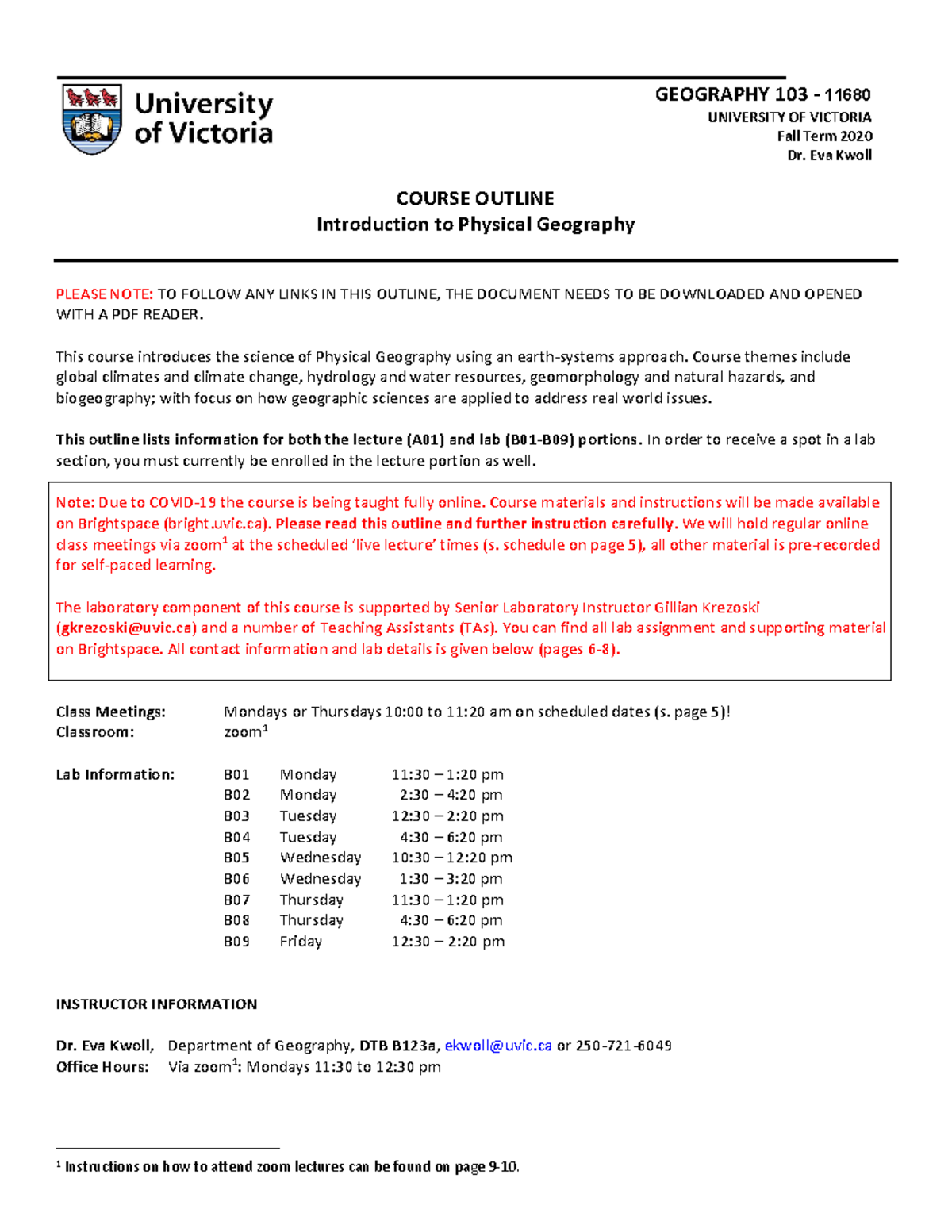 GEOG103 Fall2020 Outline updated - Warning: TT: undefined function: 32 COURSE OUTLINE ...