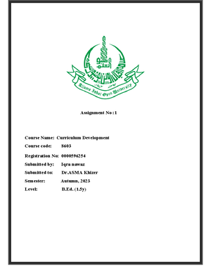 8601 (assignment 1) - Assignment no. 1 Course code: 8601 (General Methods of Teaching) Submitted ...