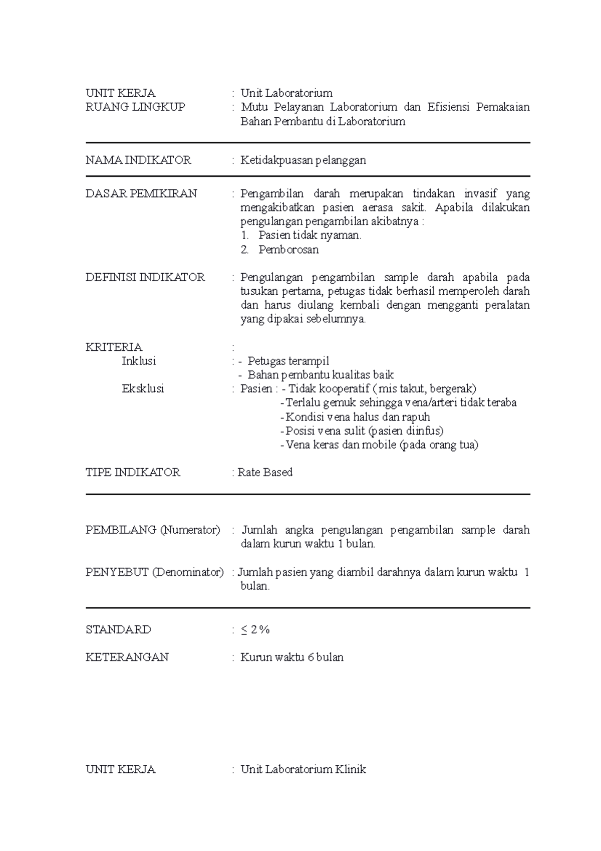 180107877 Indikator Mutu Laboratorium - UNIT KERJA : Unit Laboratorium ...