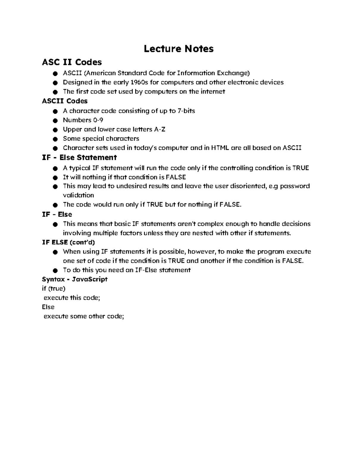 Ascii Codes 9 27 Lecture Notes Asc Ii Codes Ascii American Standard Code For Information