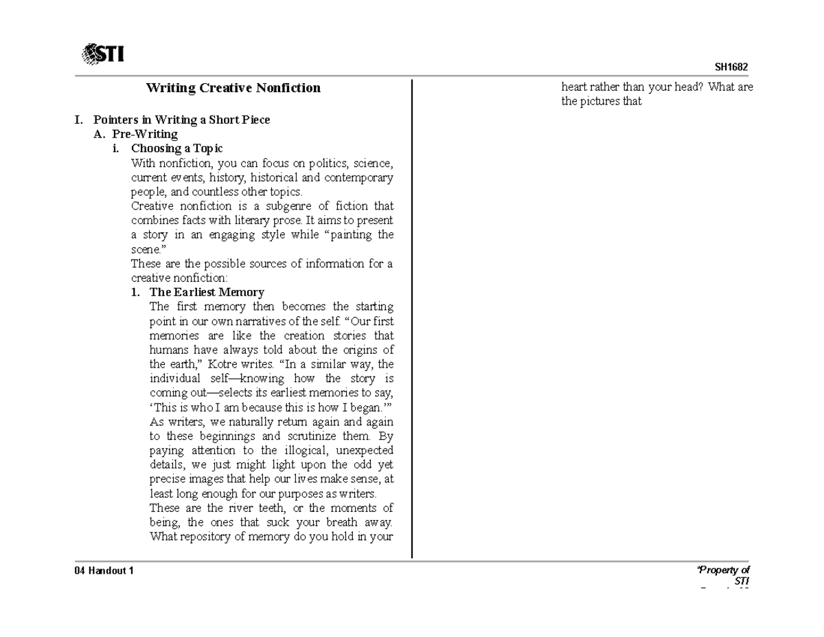 04 Handout 1 - hehe - 04 Handout 1 *Property of Writing Creative Nonfiction I. Pointers in ...