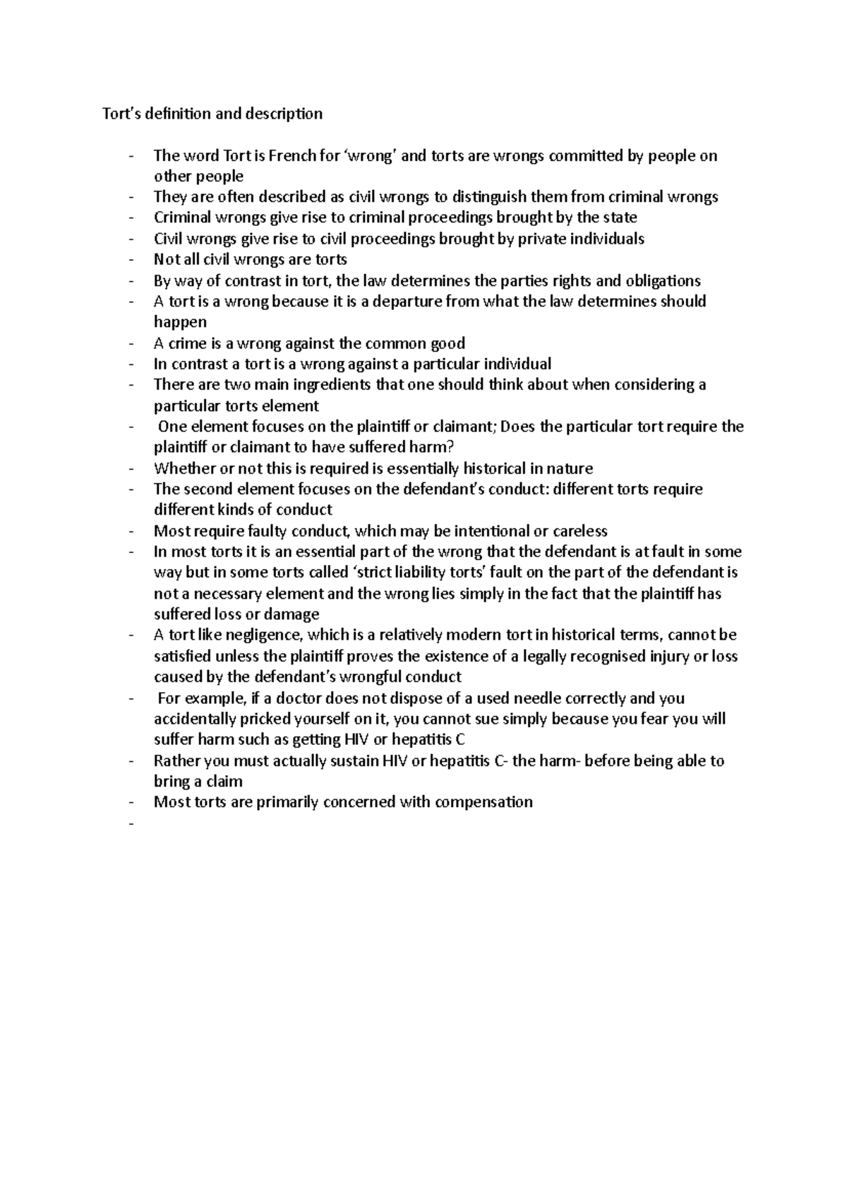 Week 1 - Torts Notes (Textbook Summary) - Tort’s definition and ...
