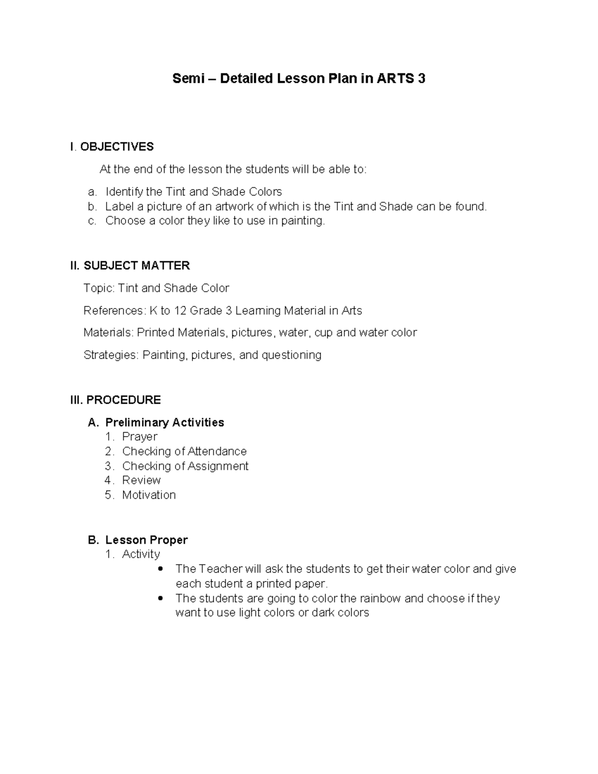 LPArts - Lesson plan about Arts - Semi – Detailed Lesson Plan in ARTS 3 ...