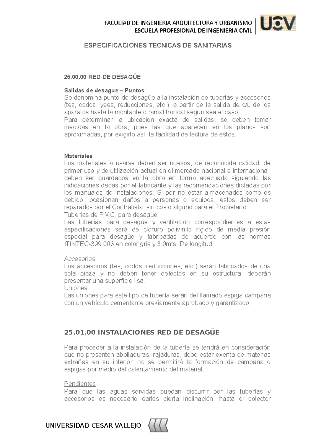 Especificaciones Tecnicas - Sanitarias - ESCUELA PROFESIONAL DE INGENIERIA CIVIL ...