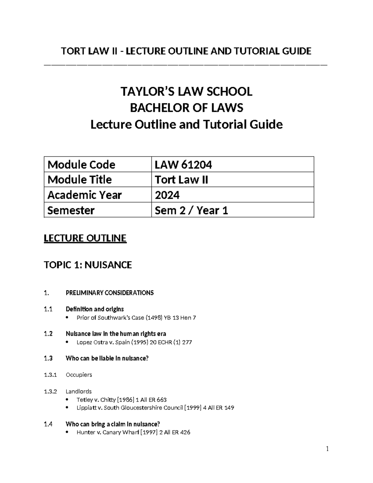 Tort 11.Lecture Outline and Tutorial Guide. April 2024 - TORT LAW II ...