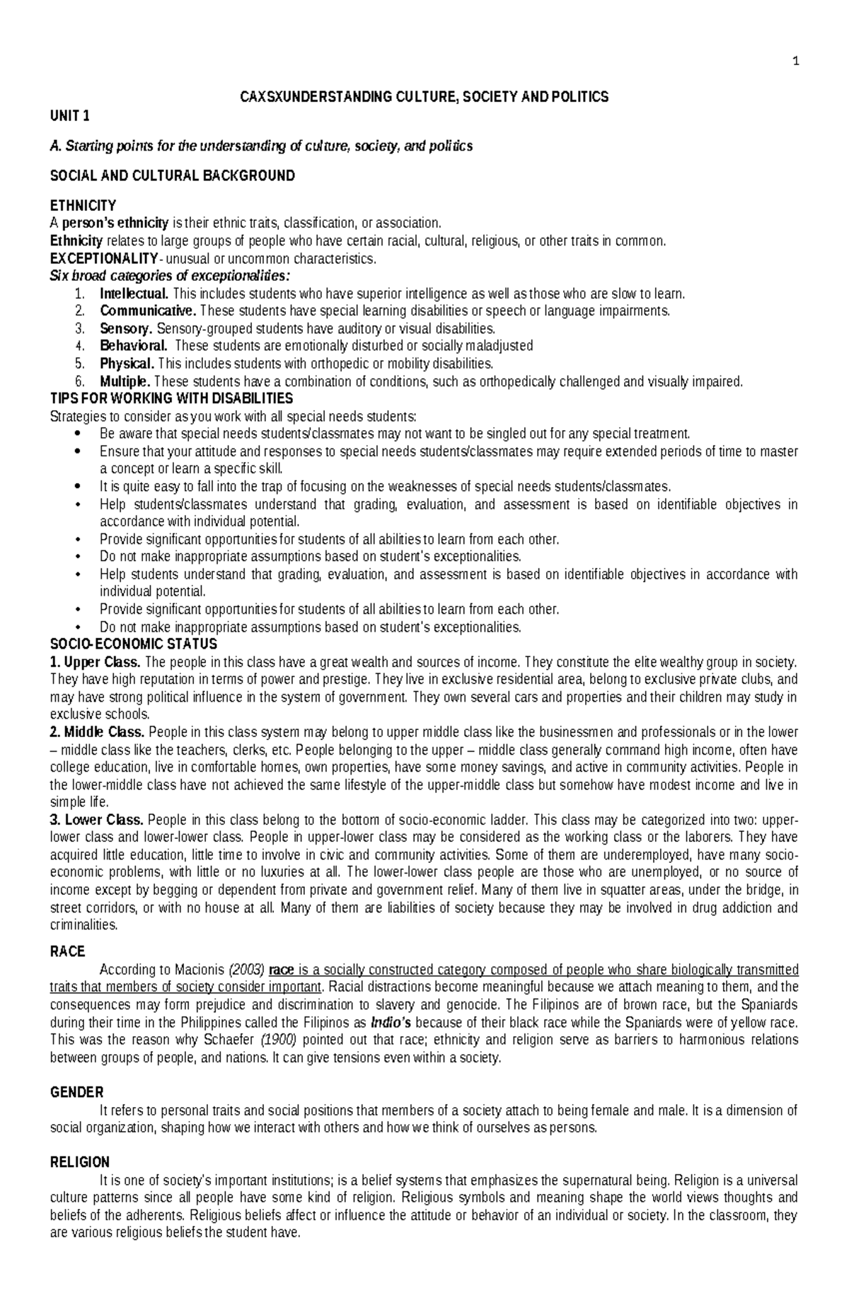 UCSP- Notes-UNIT-1 - CAXSXUNDERSTANDING CULTURE, SOCIETY AND POLITICS ...