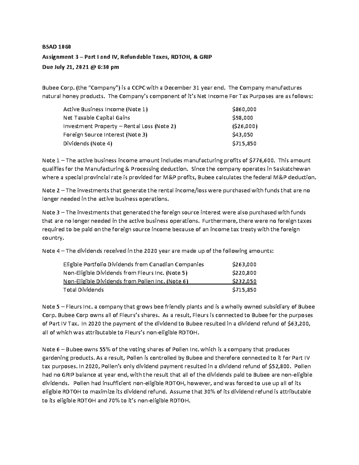 Assignment 3 - Part I and IV, Refundable Taxes, Rdtoh and GRIP - FMGT ...