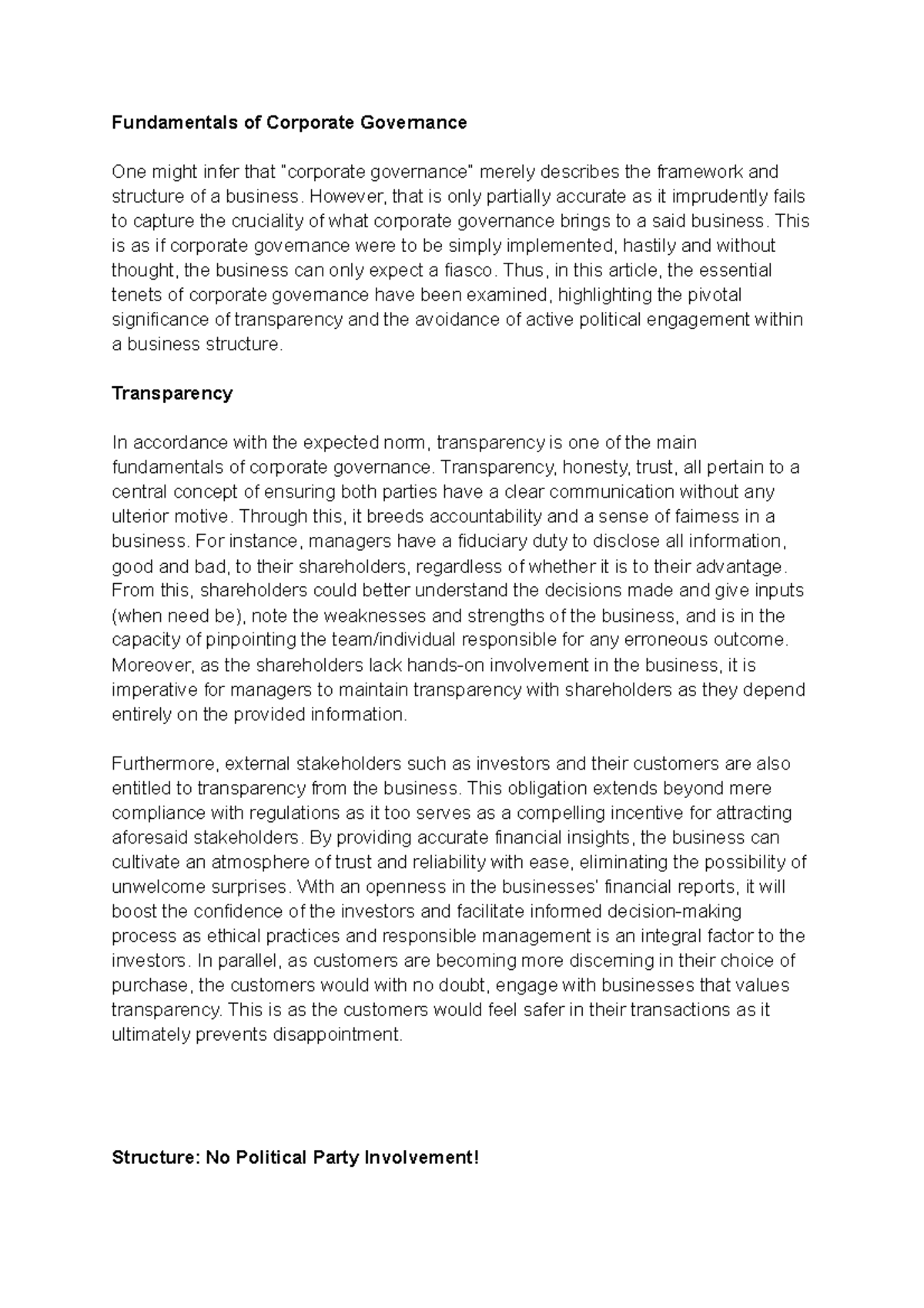 Fundamentals of Corporate Governance - However, that is only partially ...