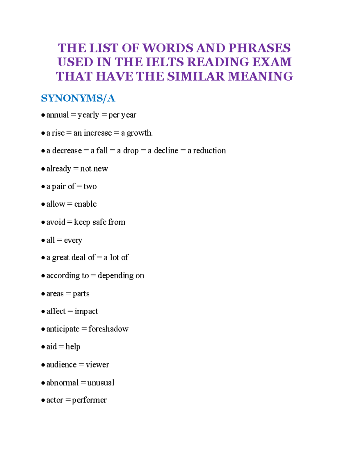 Vocabulary for reading - THE LIST OF WORDS AND PHRASES USED IN THE ...
