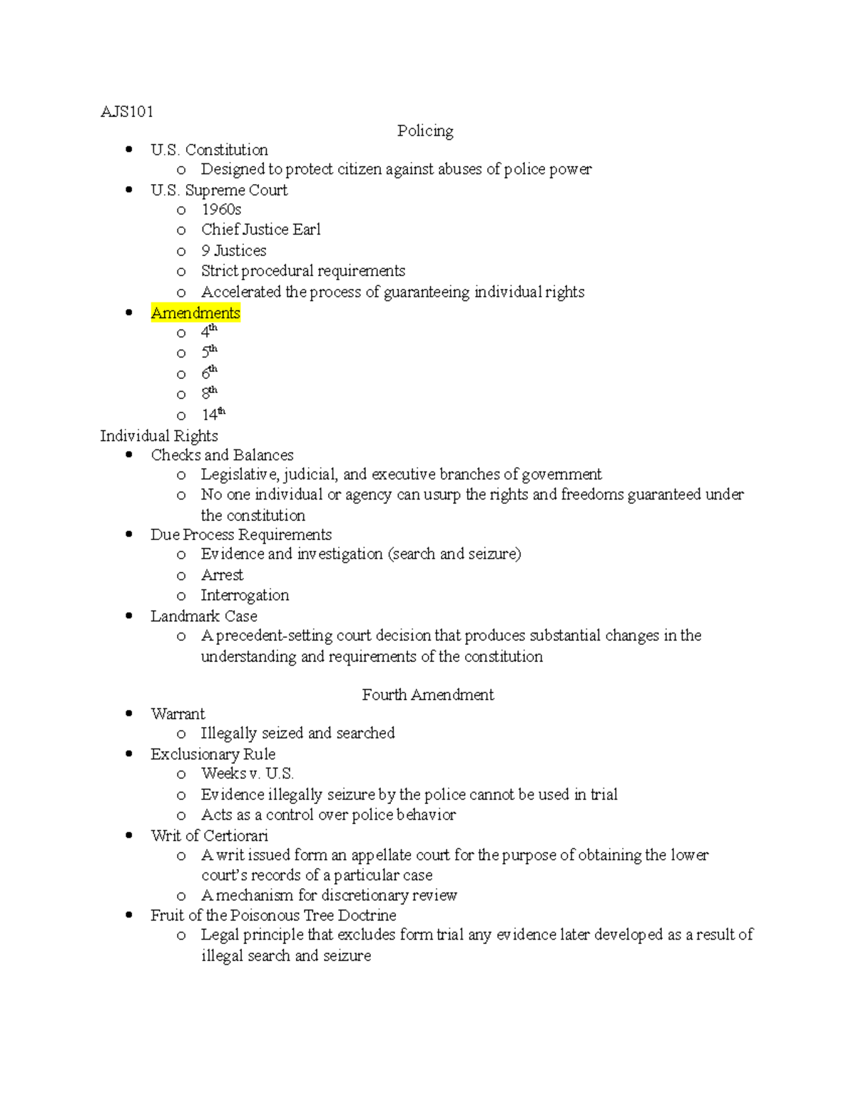 Police Notes - AJS Policing U. Constitution o Designed to protect ...