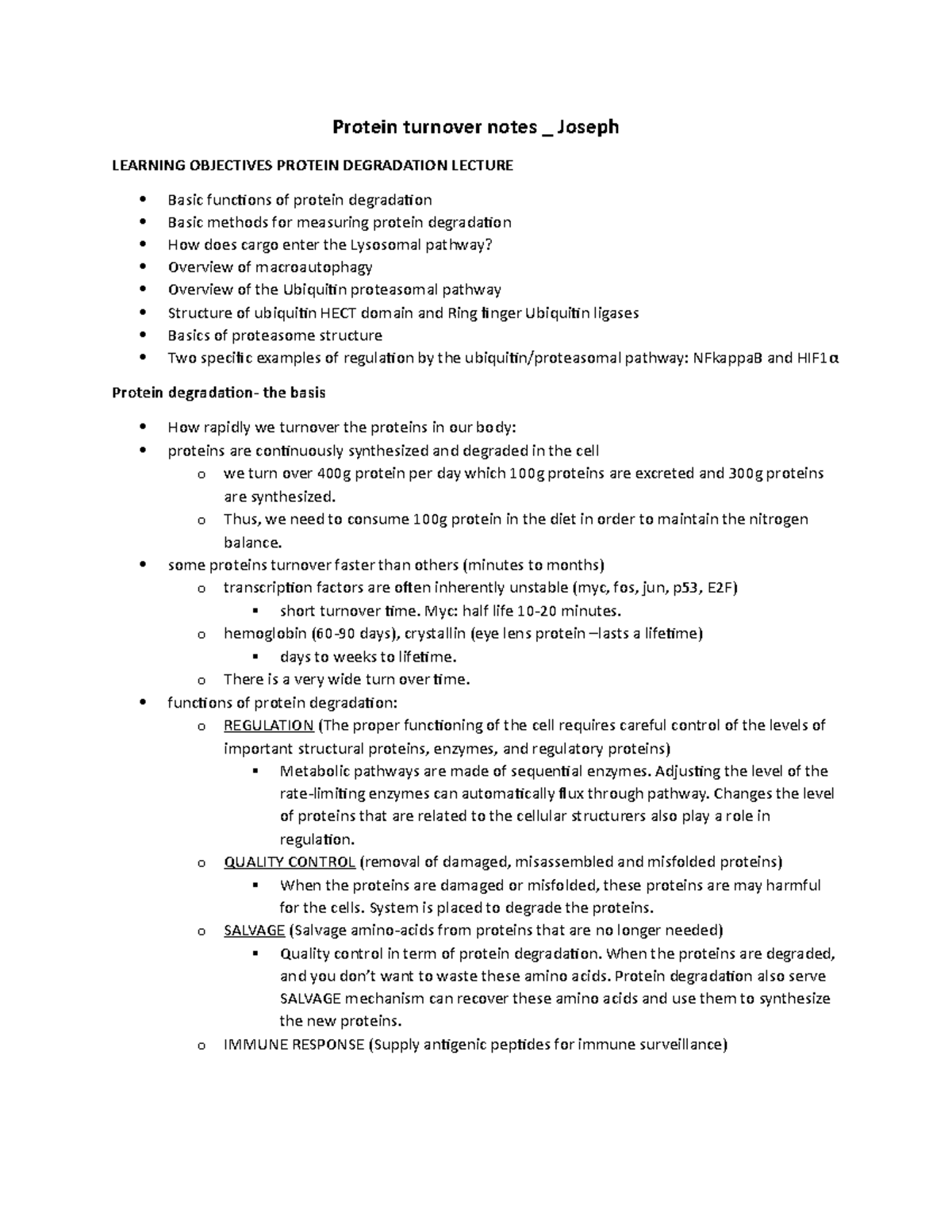 Protein turnover notes Joseph - Protein turnover notes _ Joseph ...