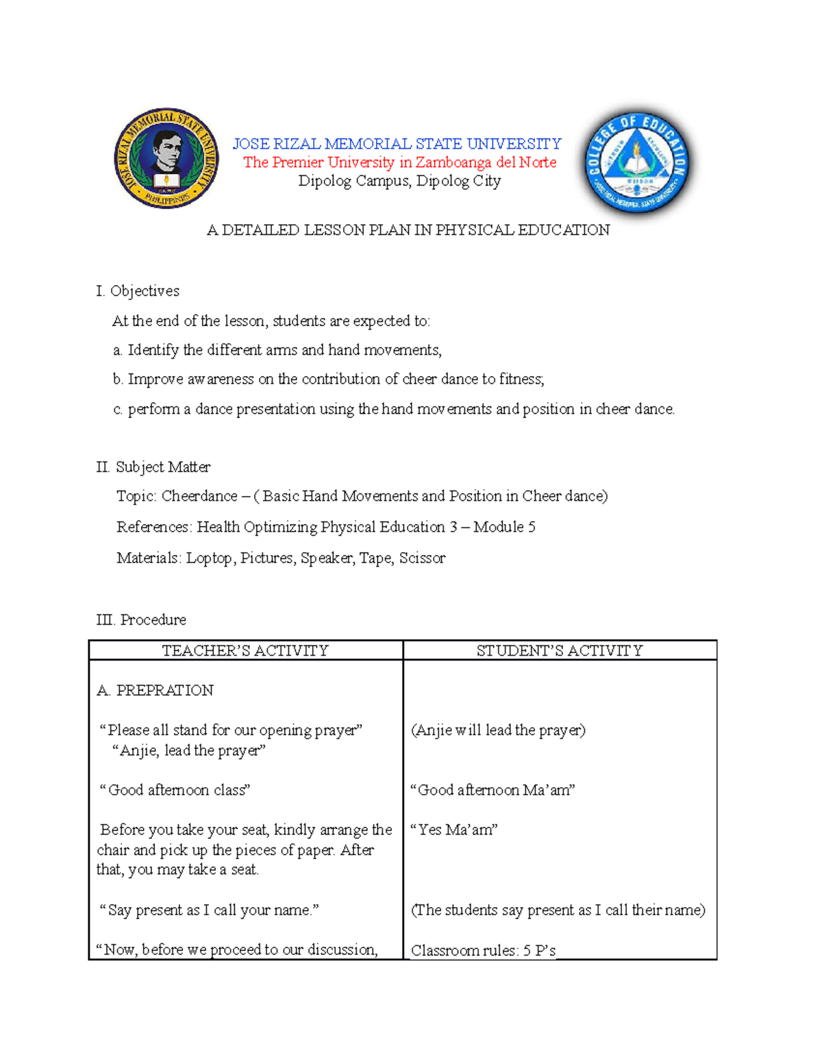 P.E Cheer dance - detailed lesson plan - JOSE RIZAL MEMORIAL STATE ...