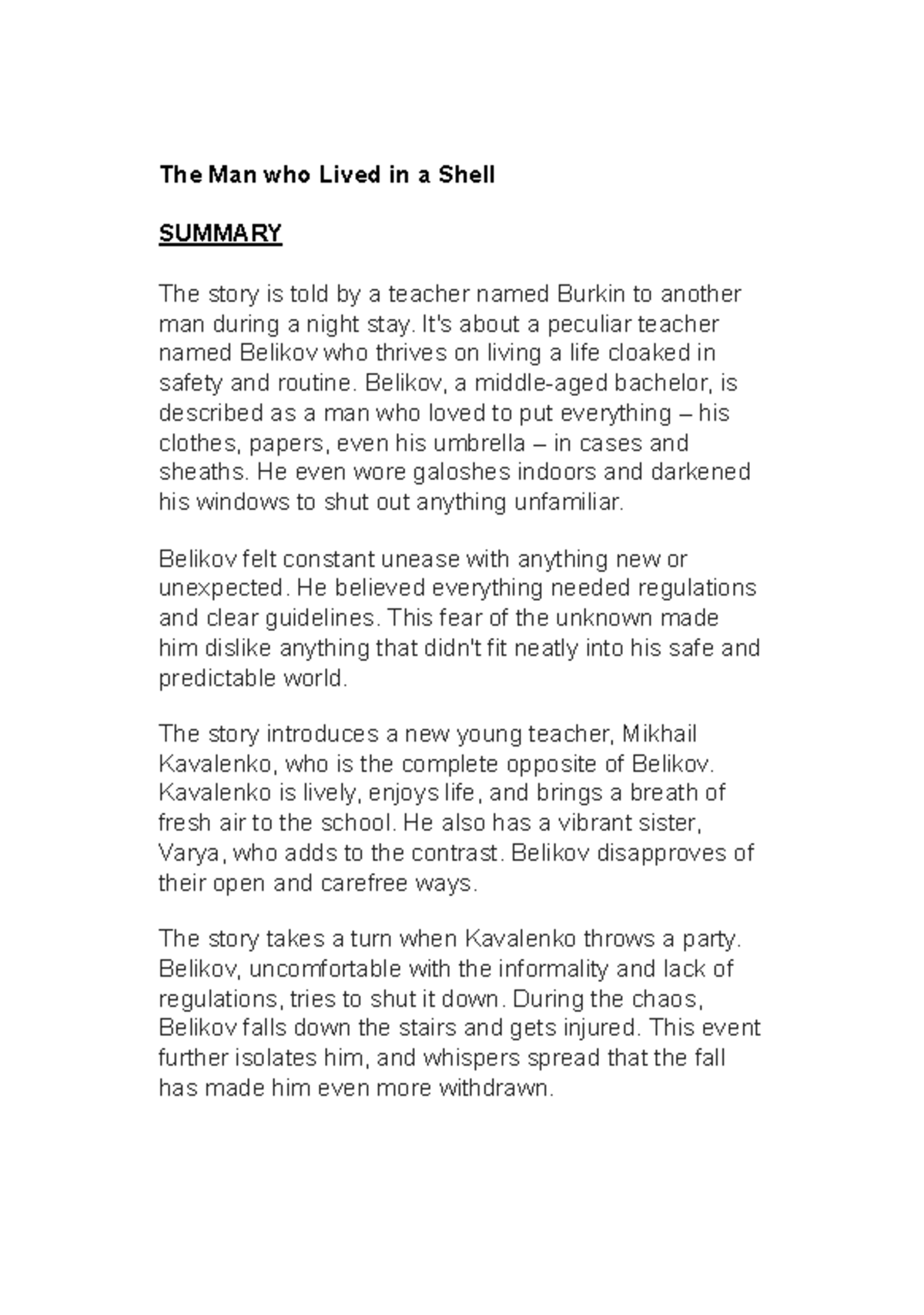 THE man who lived in a Shell - The Man who Lived in a Shell SUMMARY The ...