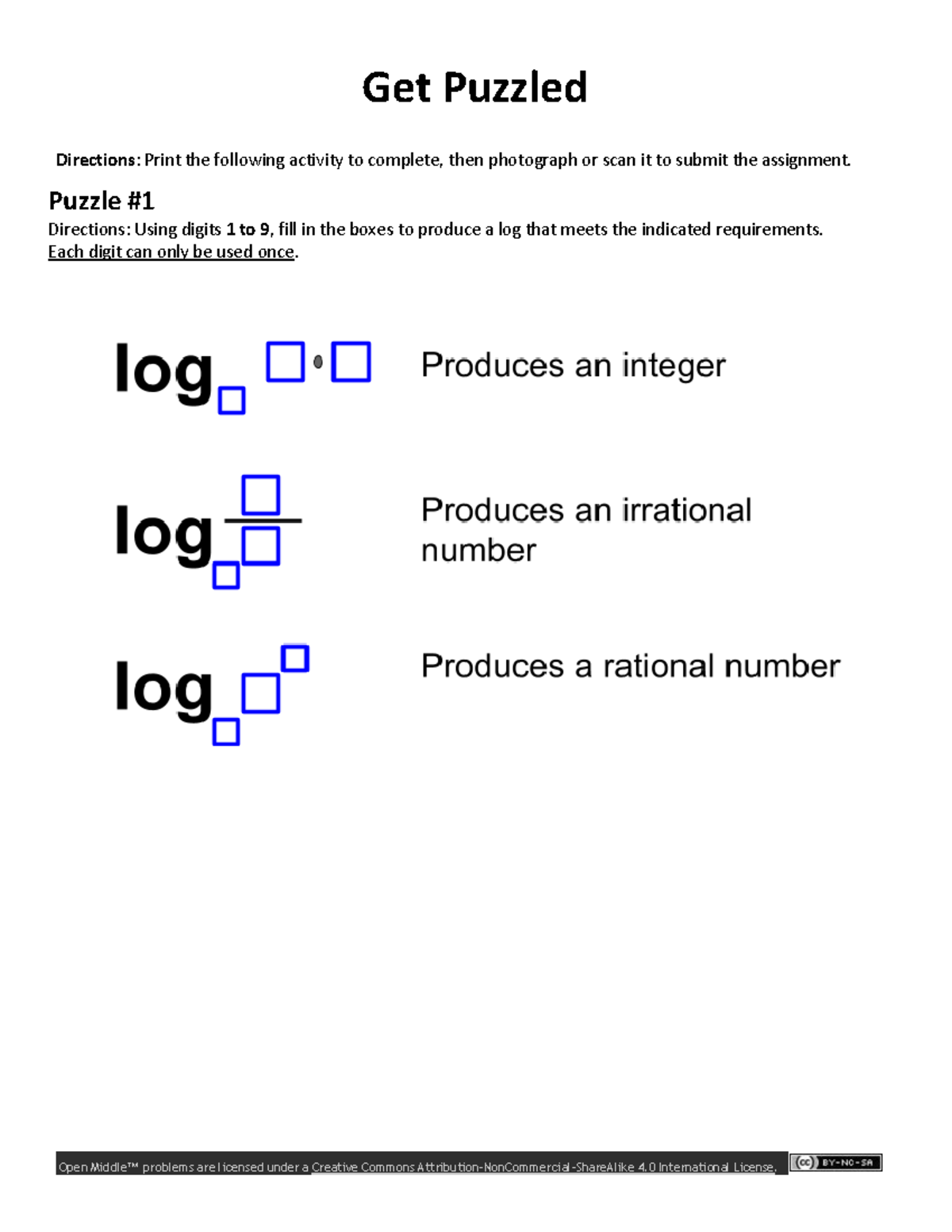 Logs And Exponent Puzzles-SE - Open Middle™ problems are licensed under ...