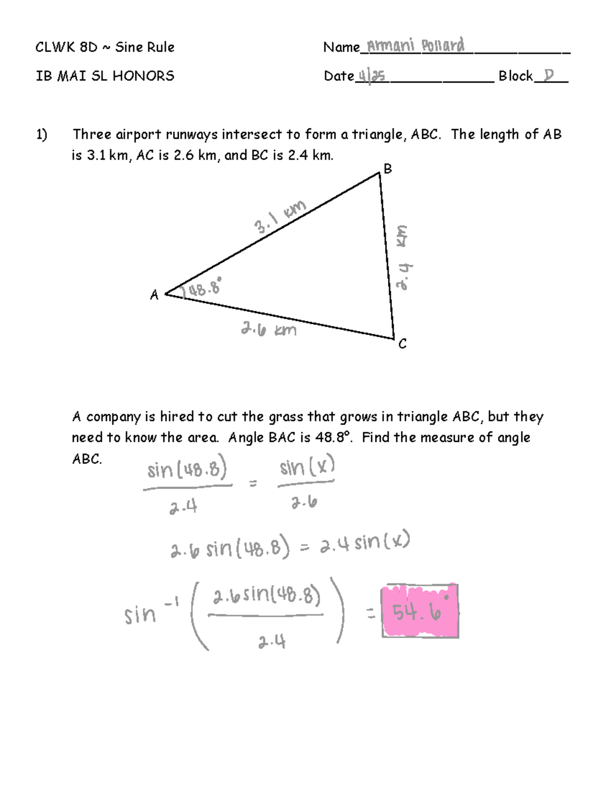 CLWK+8D+~+Sine+Rule - math assignment for sine rule - CLWK 8D ~ Sine ...