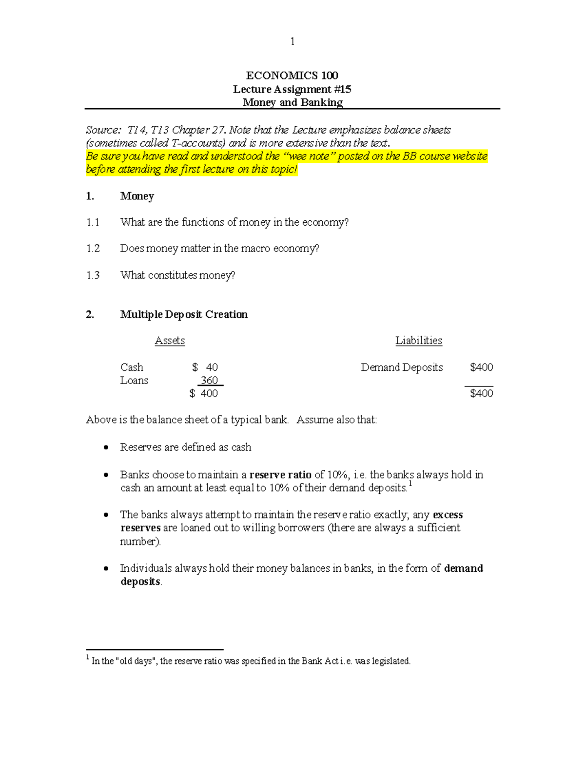 Seminar Assignments Lecture Assignment 15 And 16 1 Economics 100 Lecture Assignment Money