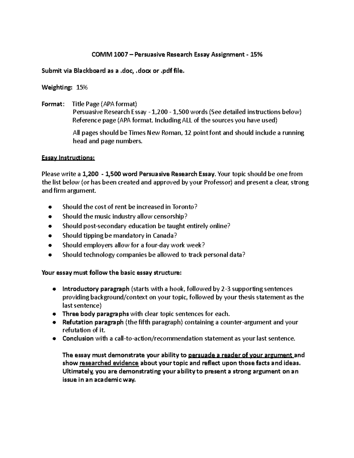 Persuasive Research Essay Assignment - doc, .docx or .pdf file ...