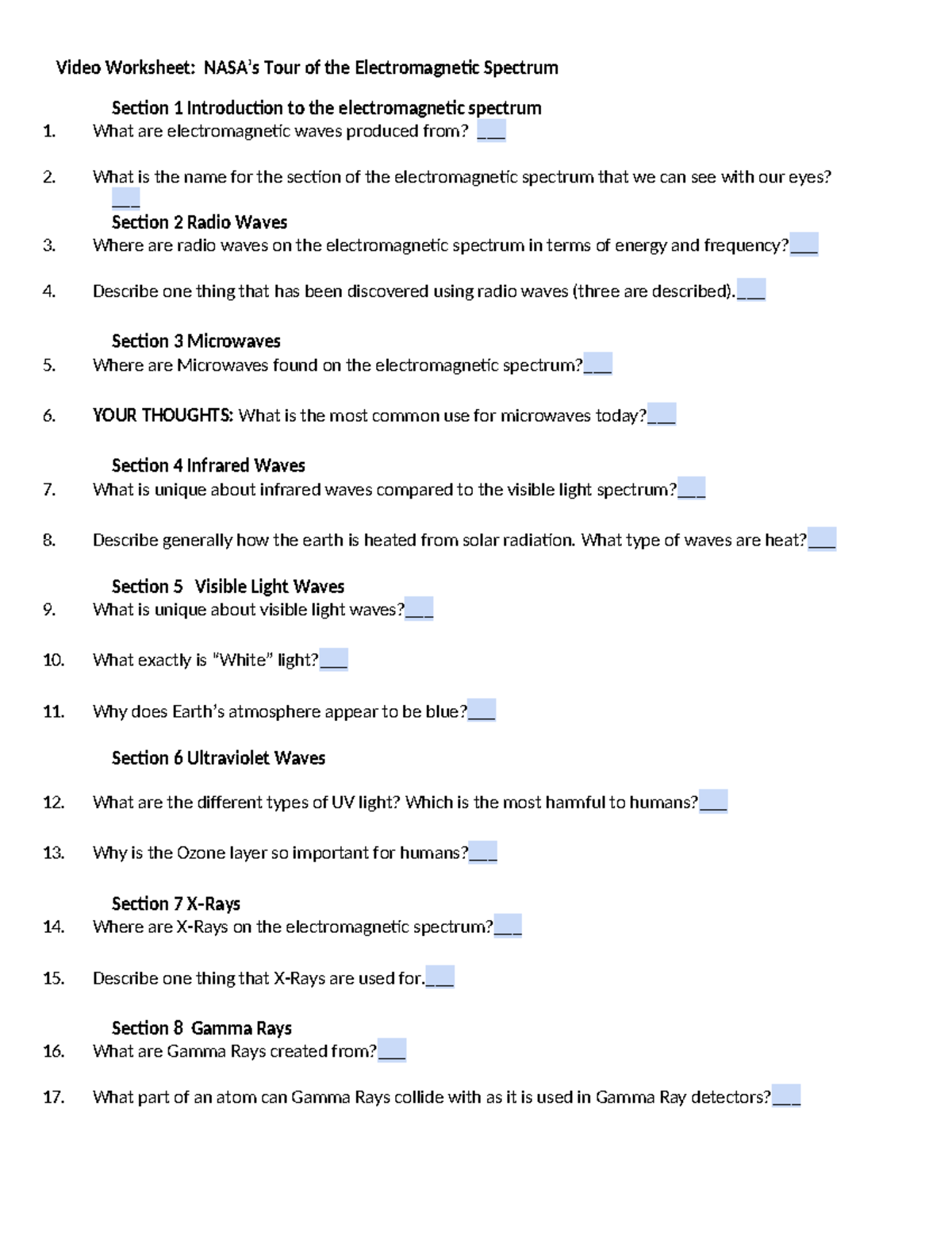 Copy of NASA Video EMS - Classwork - Video Worksheet: NASA’s Tour of ...
