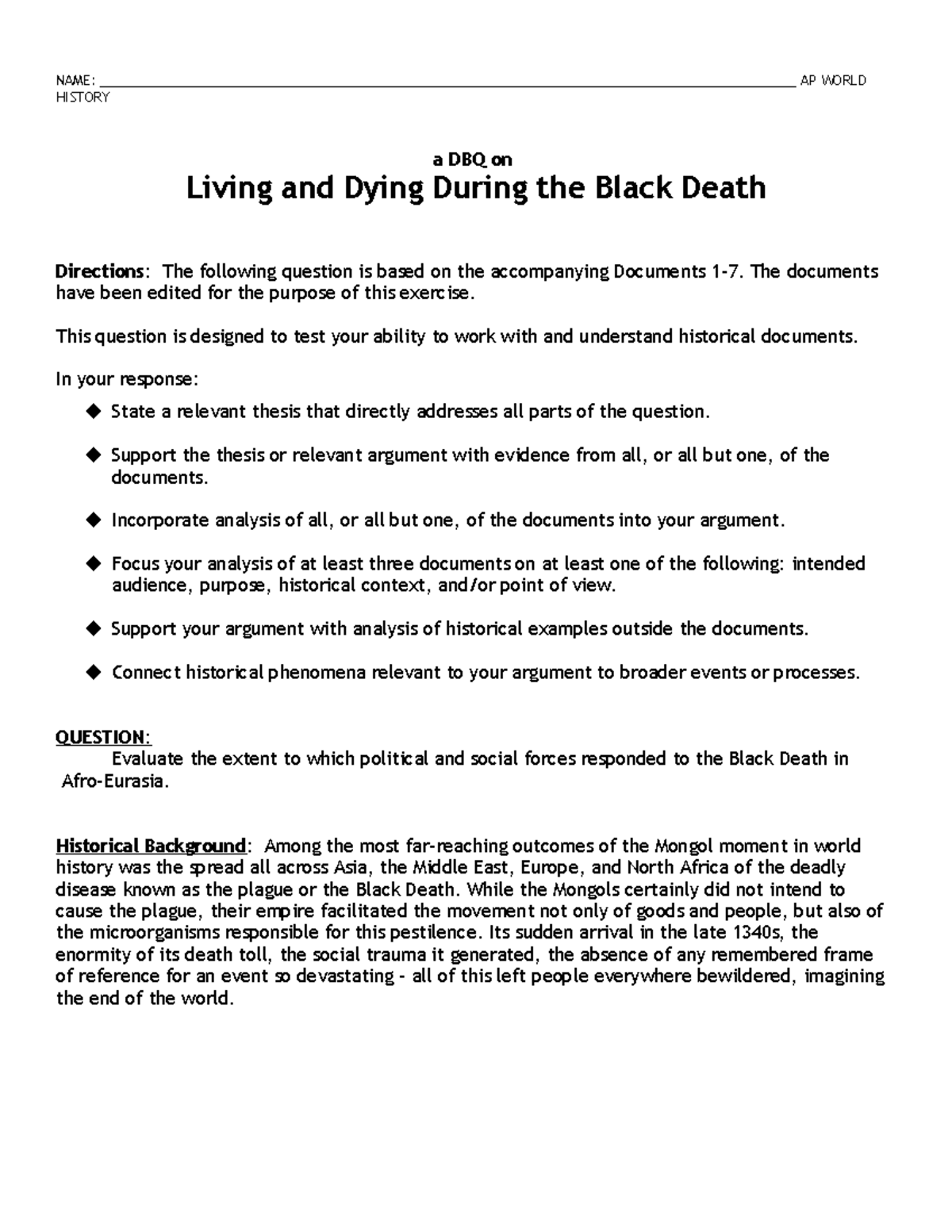 Black Death DBQ 2019 update - NAME: - Studocu