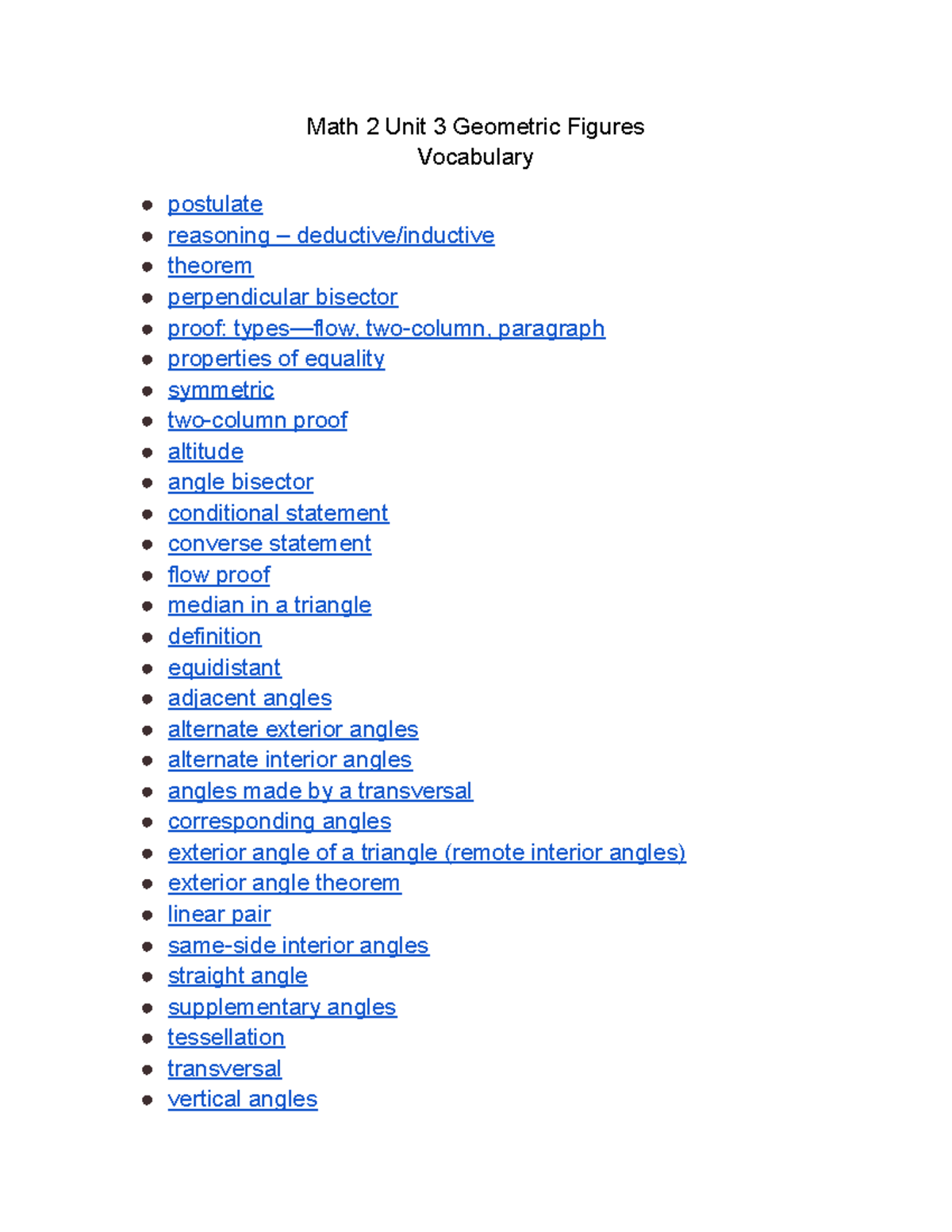 Math 2 Unit 3 Geometric Figures Vocabulary - Math 2 Unit 3 Geometric ...