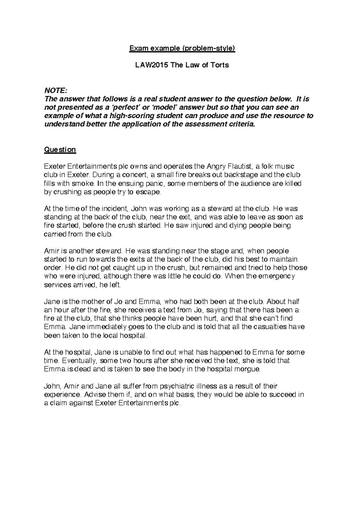 Tort exam PQ Sample - Exam example (problem-style) LAW2015 The Law of ...