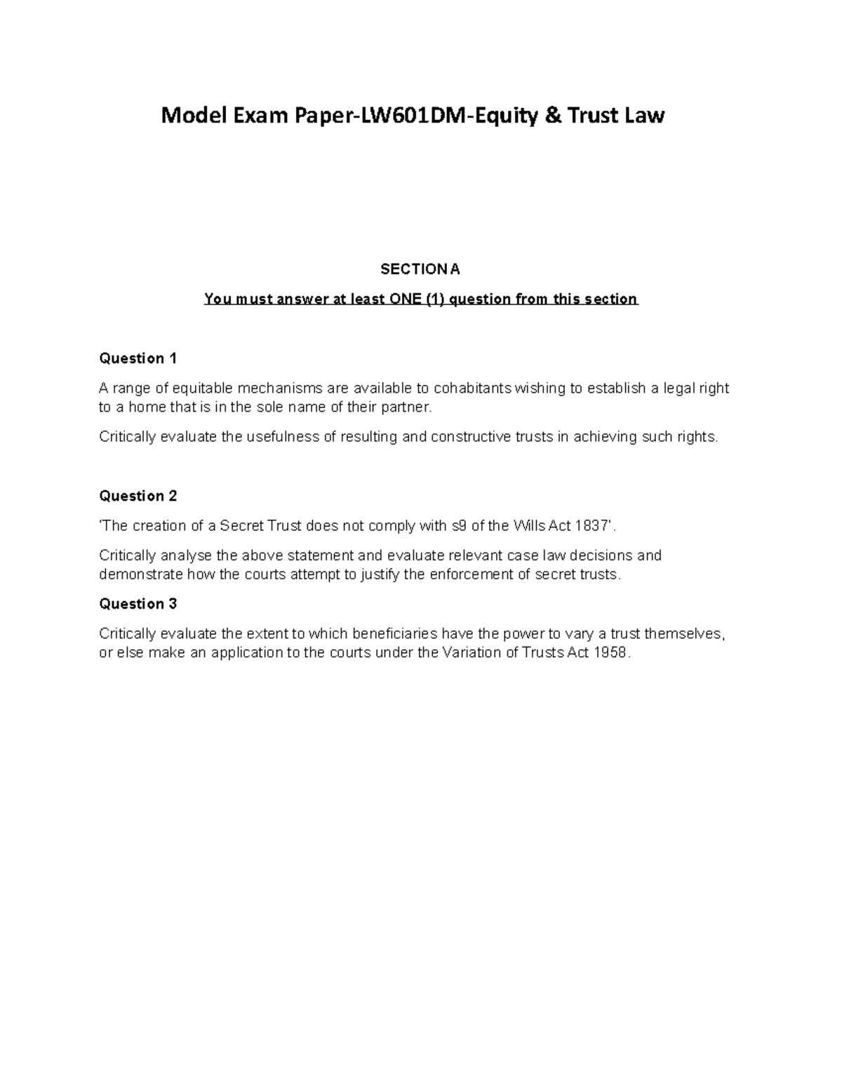 Question - Model Exam Paper Equity & Trust Law 2020 - Model Exam Paper ...