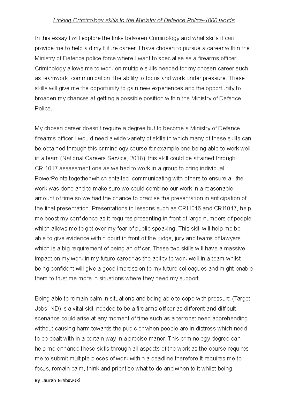 Lauren Grabowski skill essay - Linking Criminology skills to the ...
