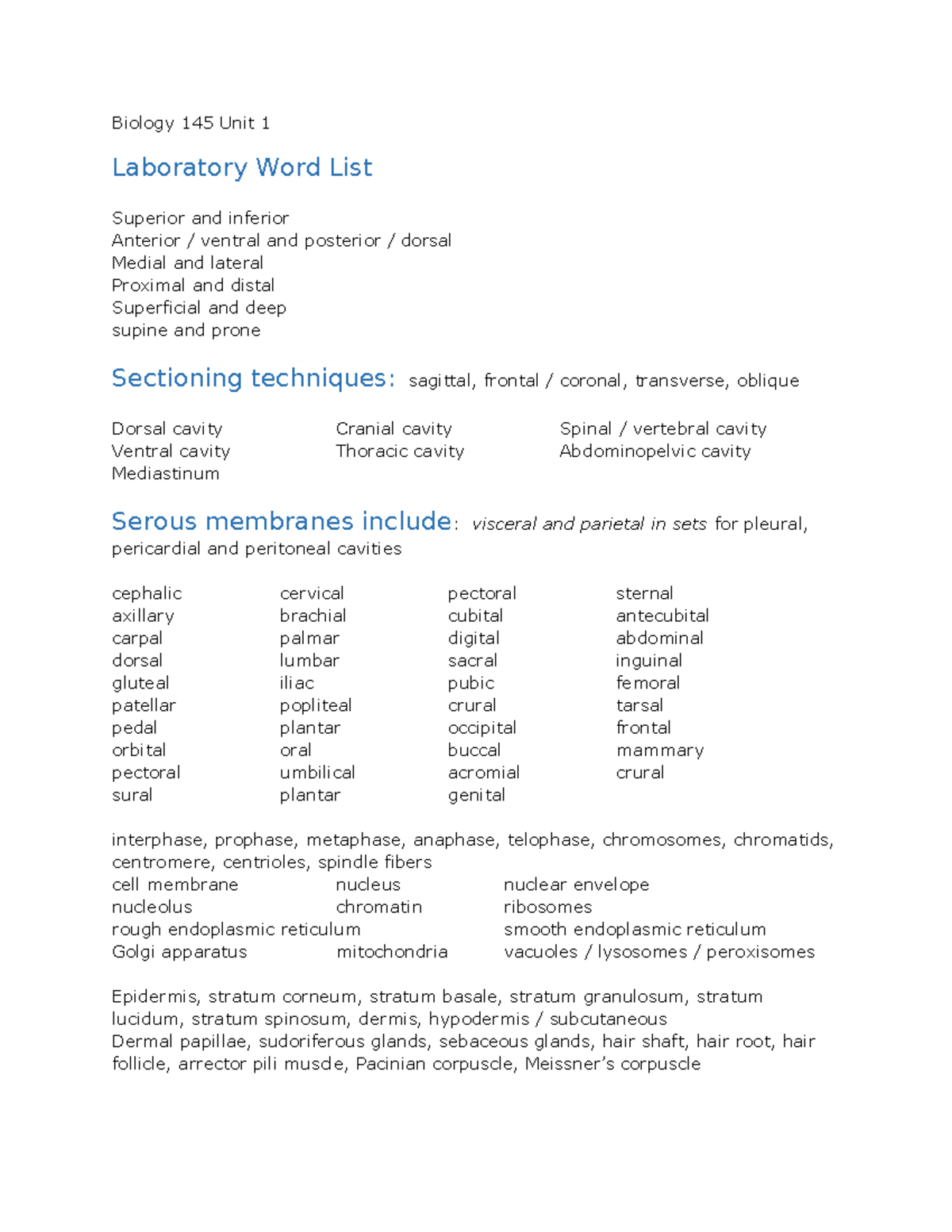 Biology 145 Unit 1 Word List R version - Biology 145 Unit 1 Laboratory ...