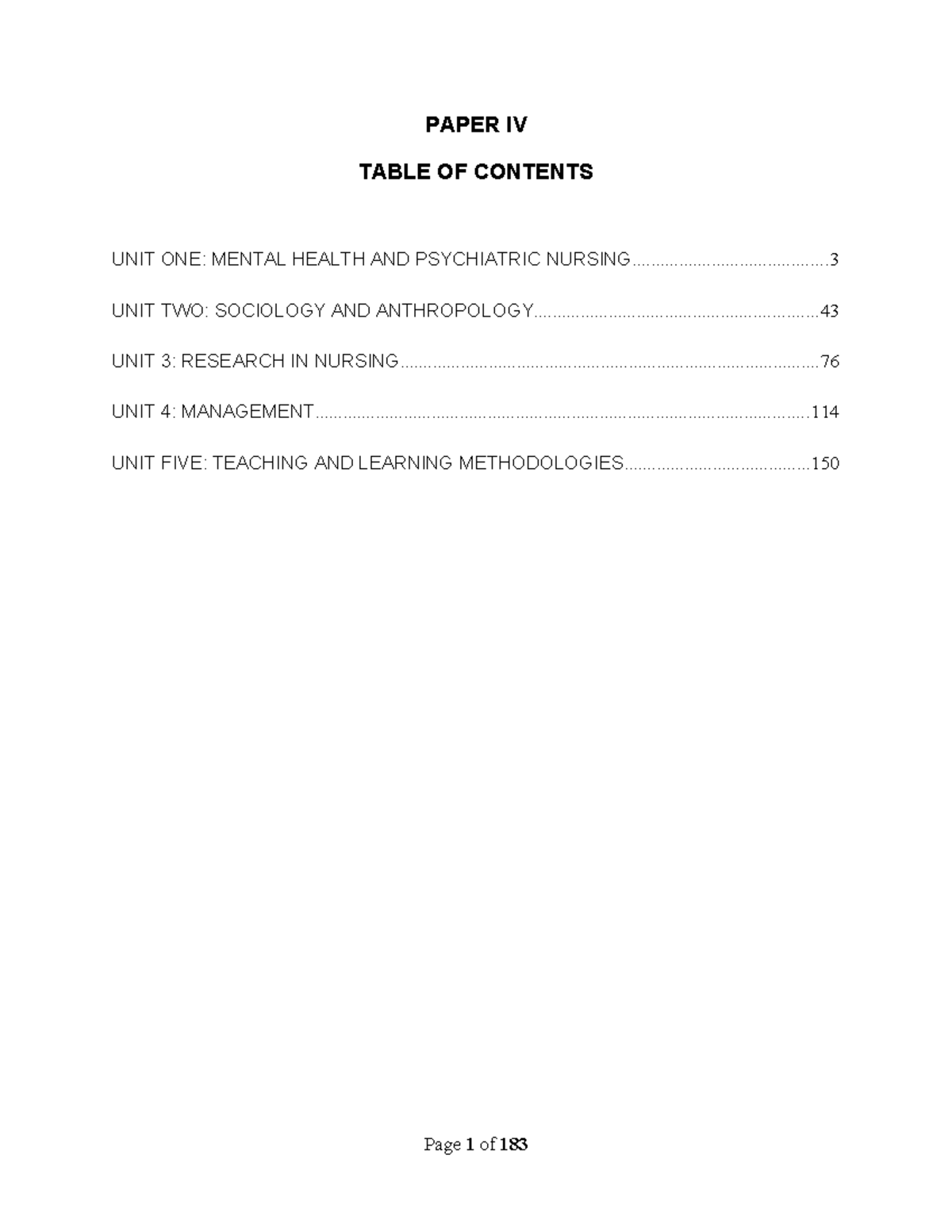 Paper IV Nursing - PAPER IV TABLE OF CONTENTS UNIT ONE: MENTAL HEALTH ...