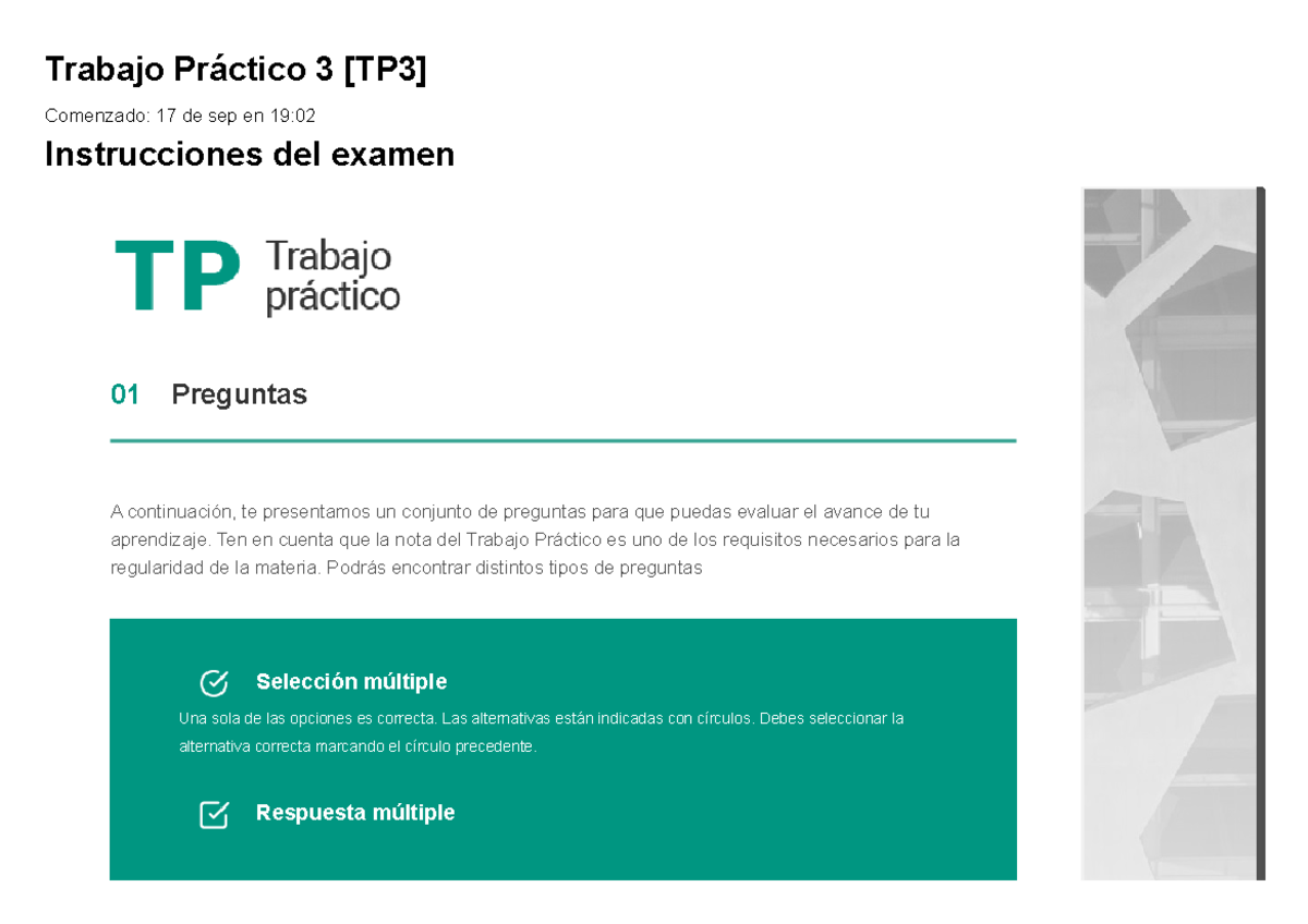 Examen Trabajo Práctico 3 [TP3] hernan - Trabajo Práctico 3 [TP3] Comenzado: 17 de sep en 19 ...