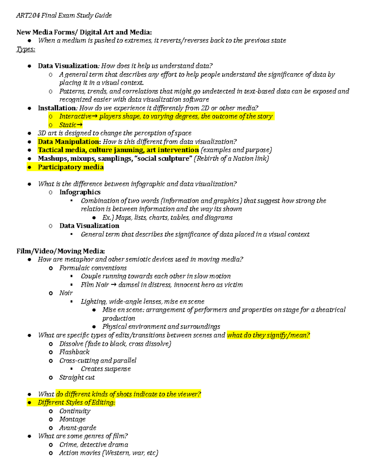 Art204 final exam study guide - ART204 Final Exam Study Guide New Media ...