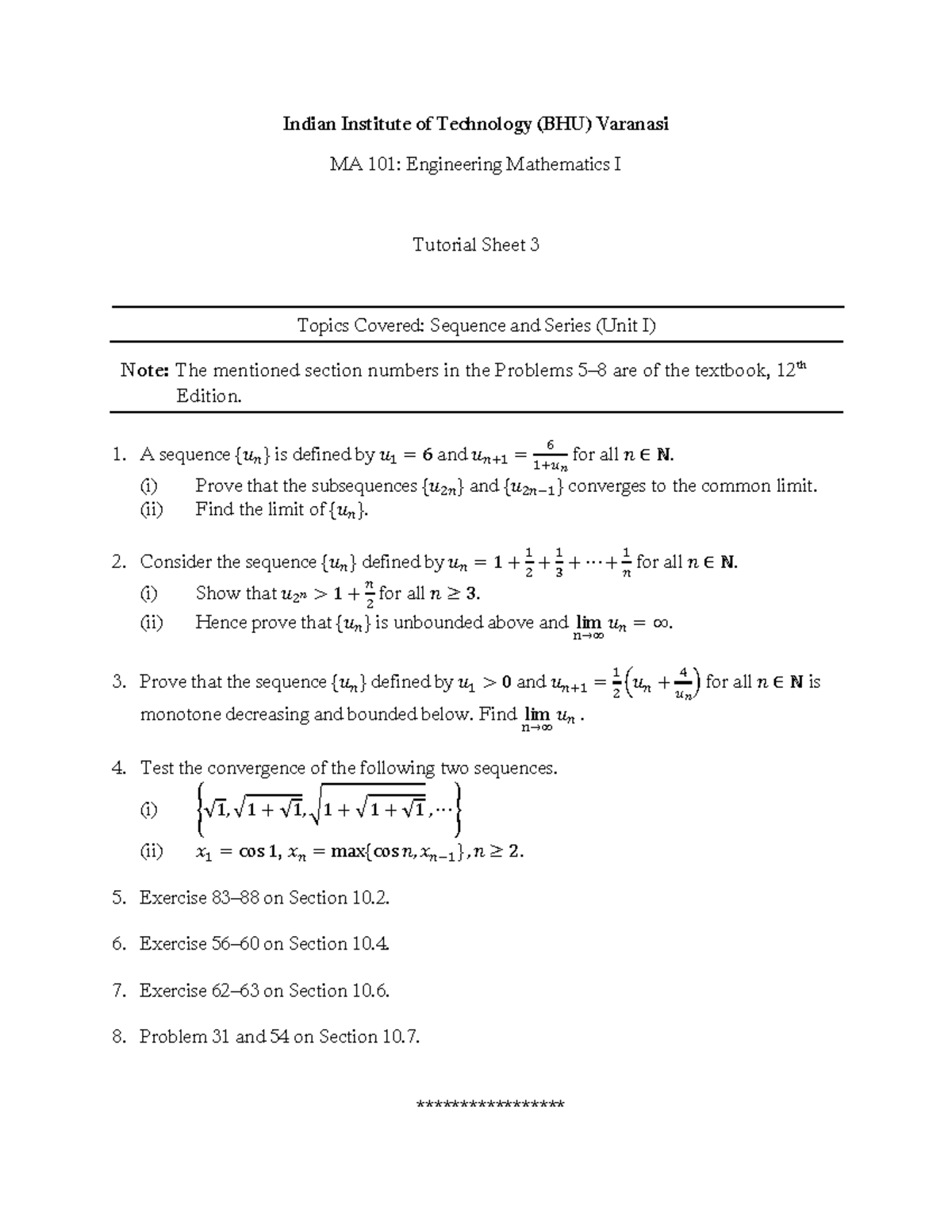 Tutorial Sheet 3 - Indian Institute of Technology (BHU) Varanasi MA 101: Engineering Mathematics ...