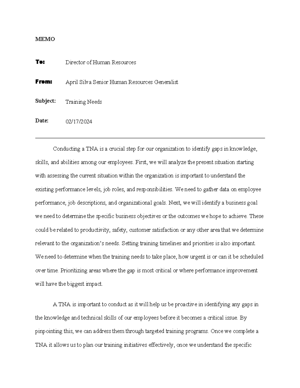 HRM-350 TNA MEMO - MEMO - MEMO To: Director of Human Resources From ...