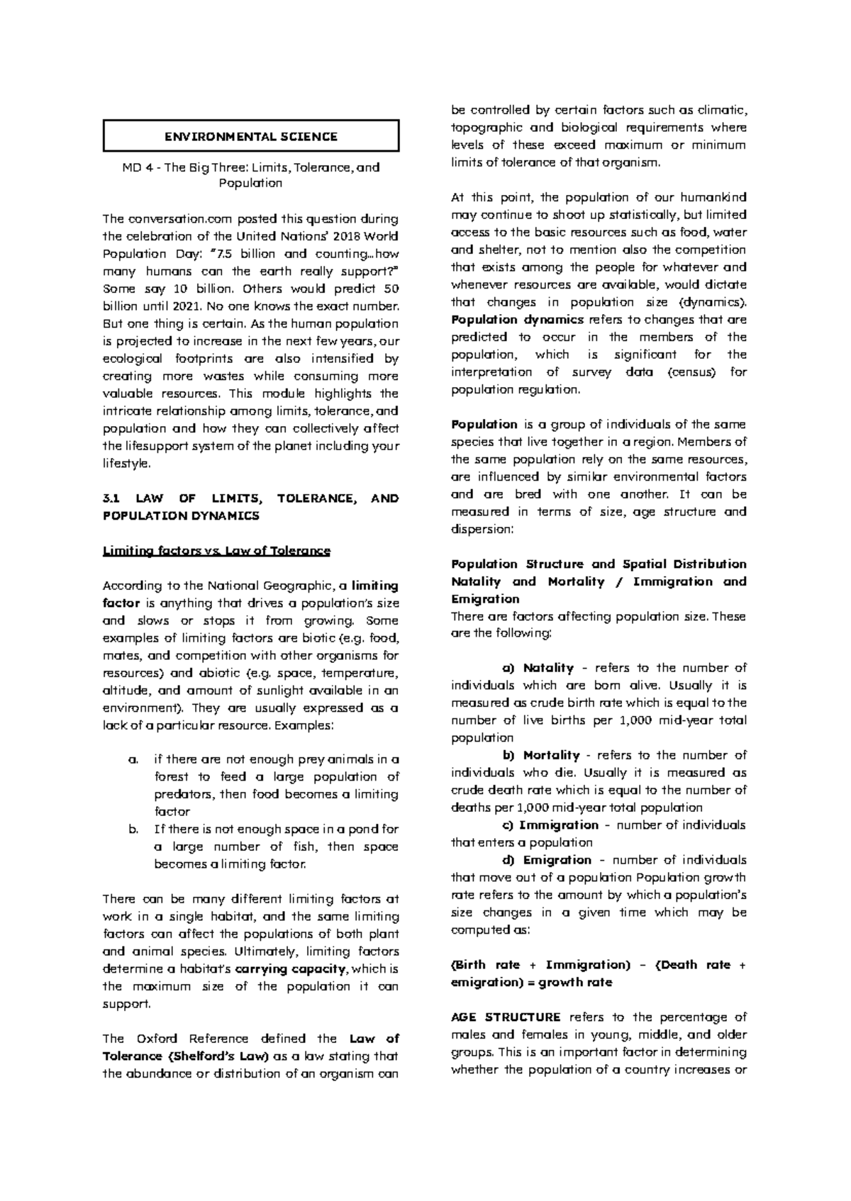 S-SCEN001TP (Environmental Science) - MD 4 - The Big Three Limits, Tolerance, and Population- FP ...