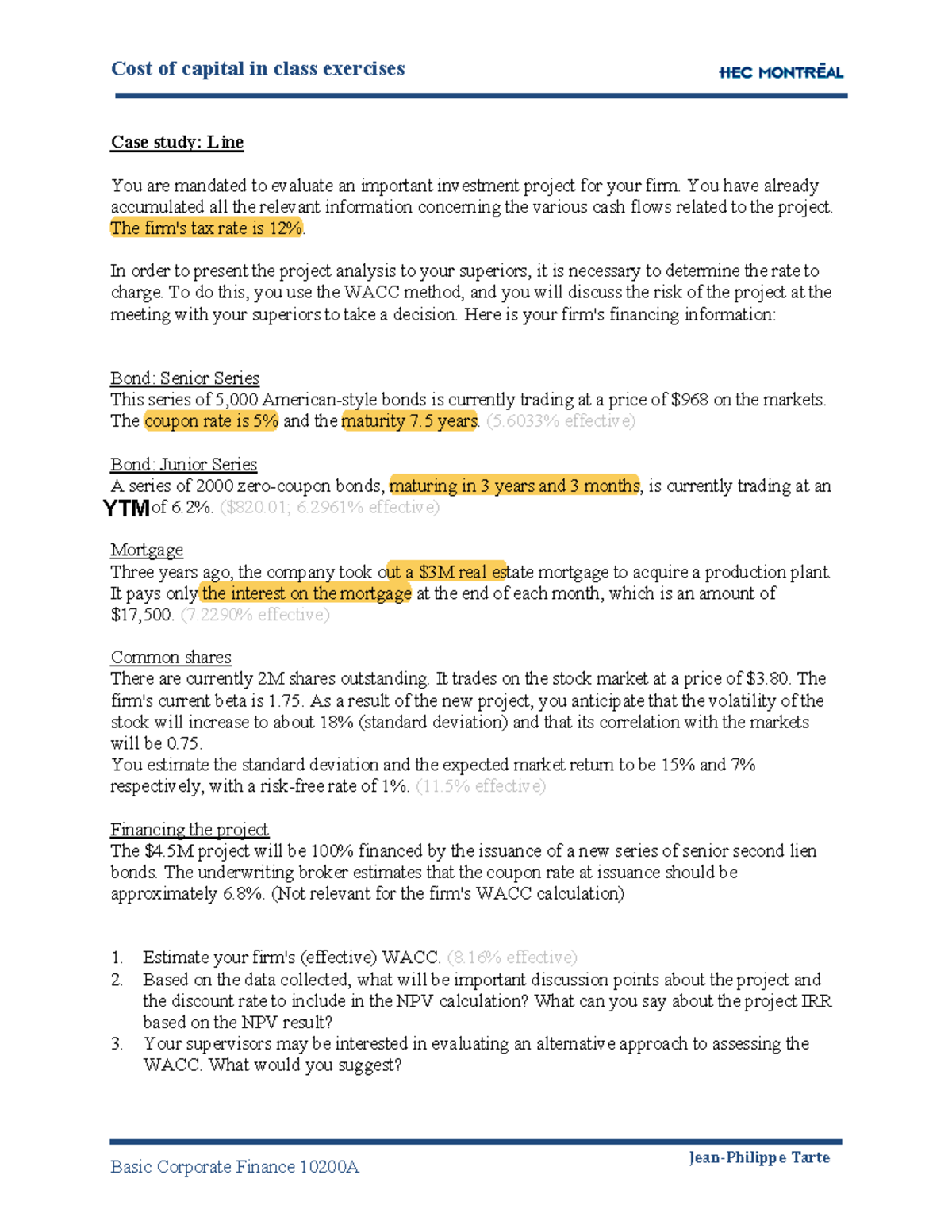In class WACC exercises - Cost of capital in class exercises Basic ...